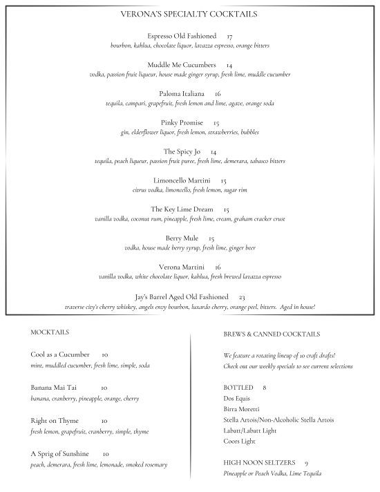 Our Menu - Verona Inspired Italian | Casual Food & Craft Cocktails