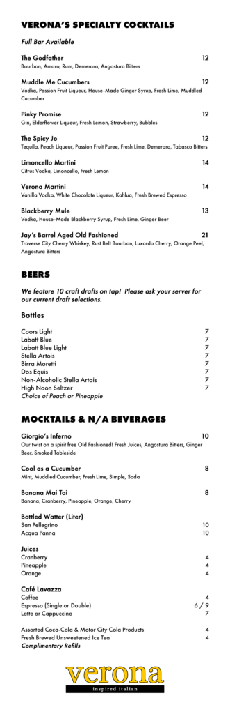 Our Menu - Verona Inspired Italian | Casual Food & Craft Cocktails